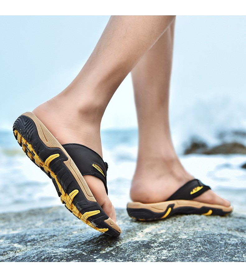 Men's Flip Flops Genuine Leather Summer Breathable Non-slip Platform ...