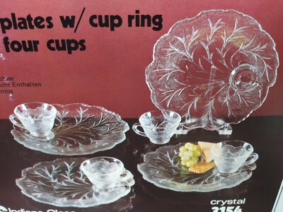 Indiana Glass/Pebble Leaf Vintage 8 Pc. Crystal Snack Set/NEW IN BOX/3 ...
