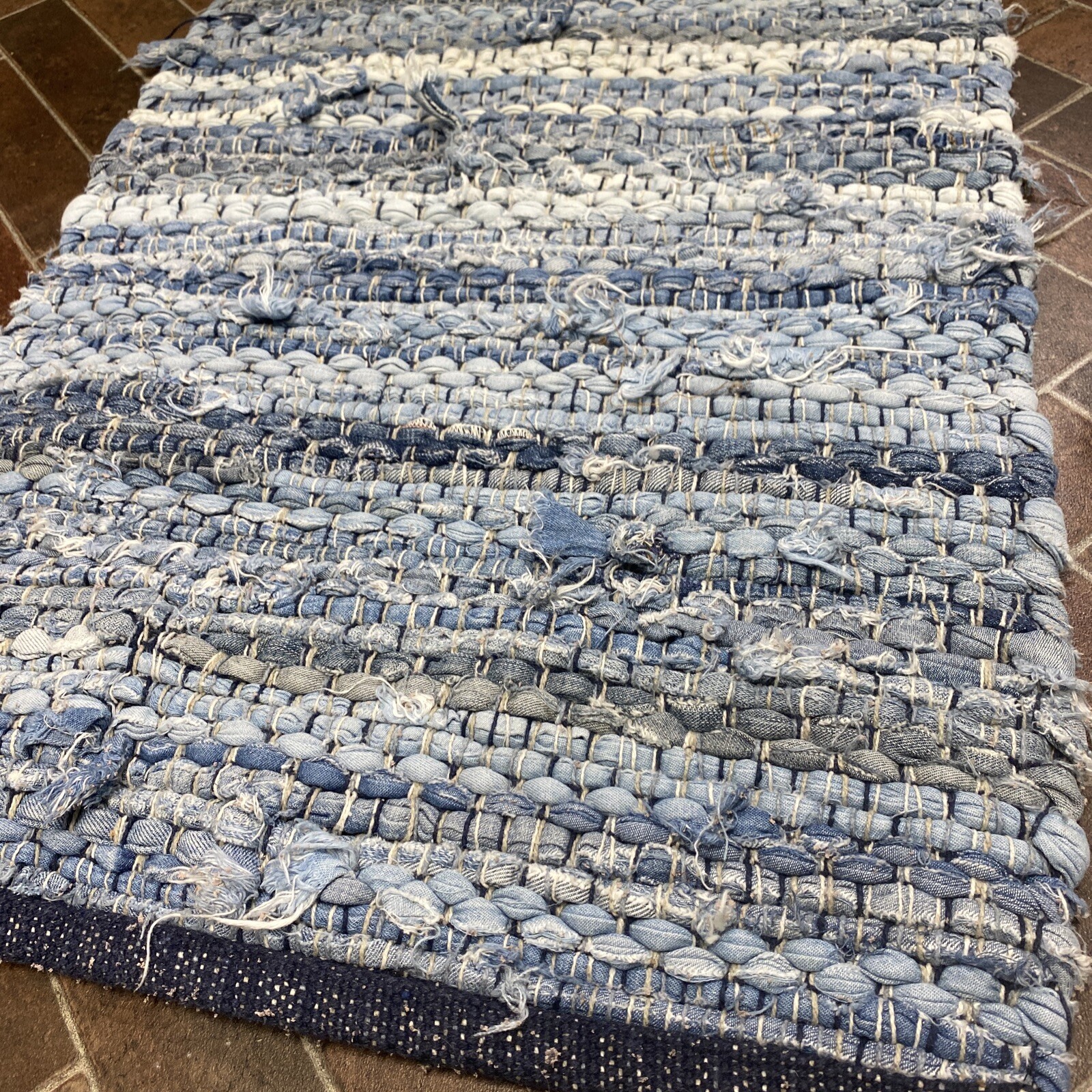 Recycled Blue Jean Denim 19”x32” Rag Rug Woven Throw Boho Decor | eBay