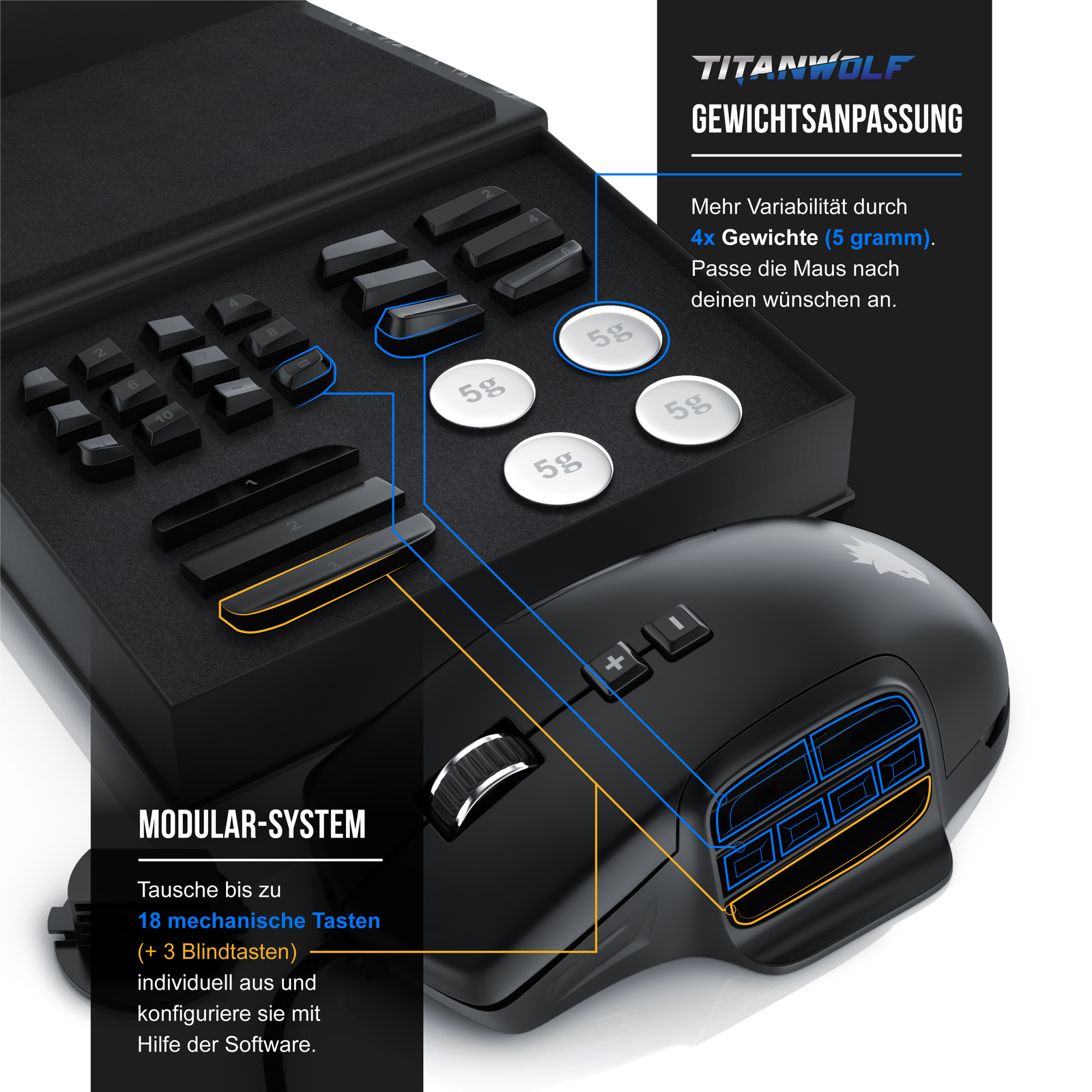 Titanwolf SYSTEM High-End Gaming Maus 6 DPI-Stufen Gewichts ...