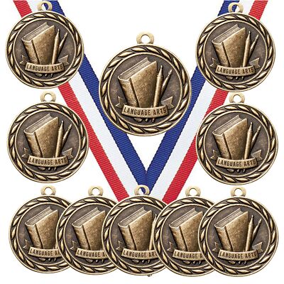 10 Pack of Language Arts Gold Medals Trophy Award with Neck Ribbons MA ...