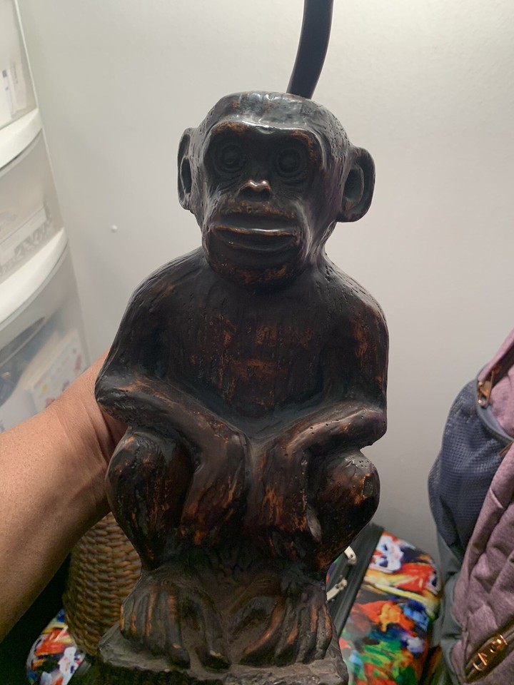 Vintage Coastal Plaster Seated Monkey Table Lamp 16" Tall with feather ...