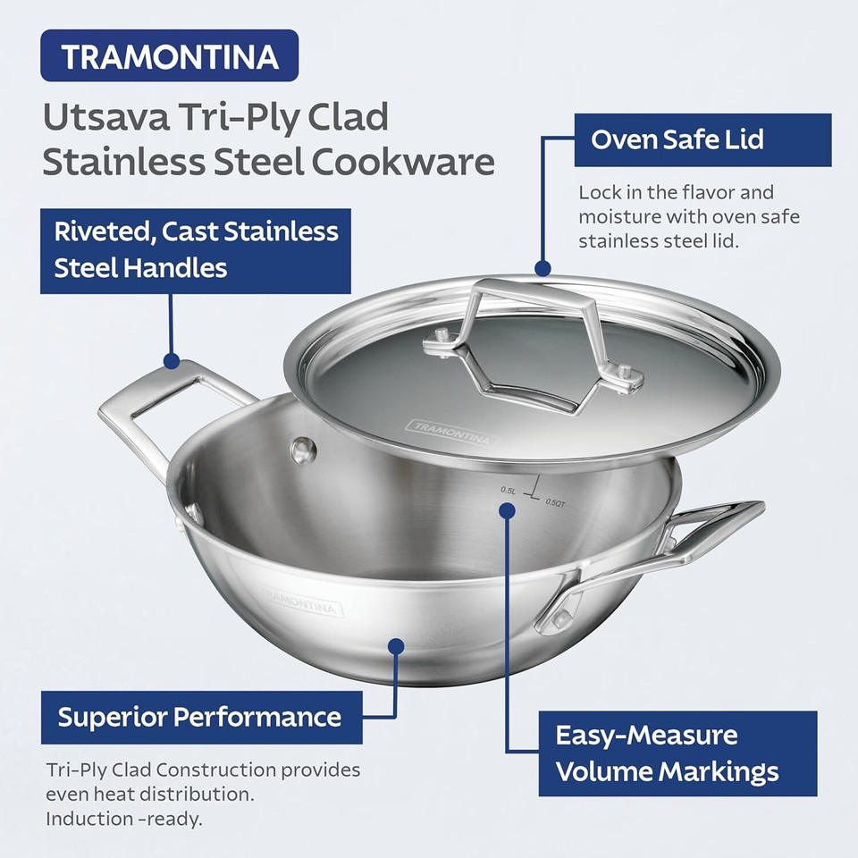 Utsava 4-Quart Tri-Ply Stainless Steel Kadai - Oven Safe for Indian ...