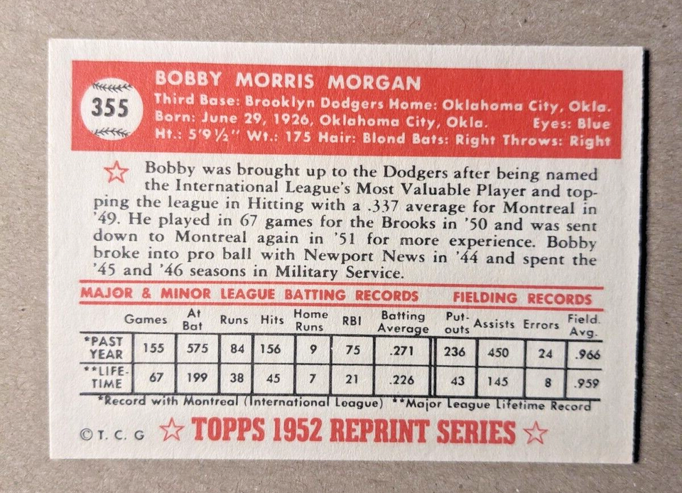 1983 Topps 1952 Reprint Series Bobby Morgan #355 | eBay