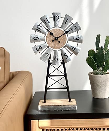 Vintage Farmhouse Table Clock on Stand, Galvanized Windmill Desk Clock ...