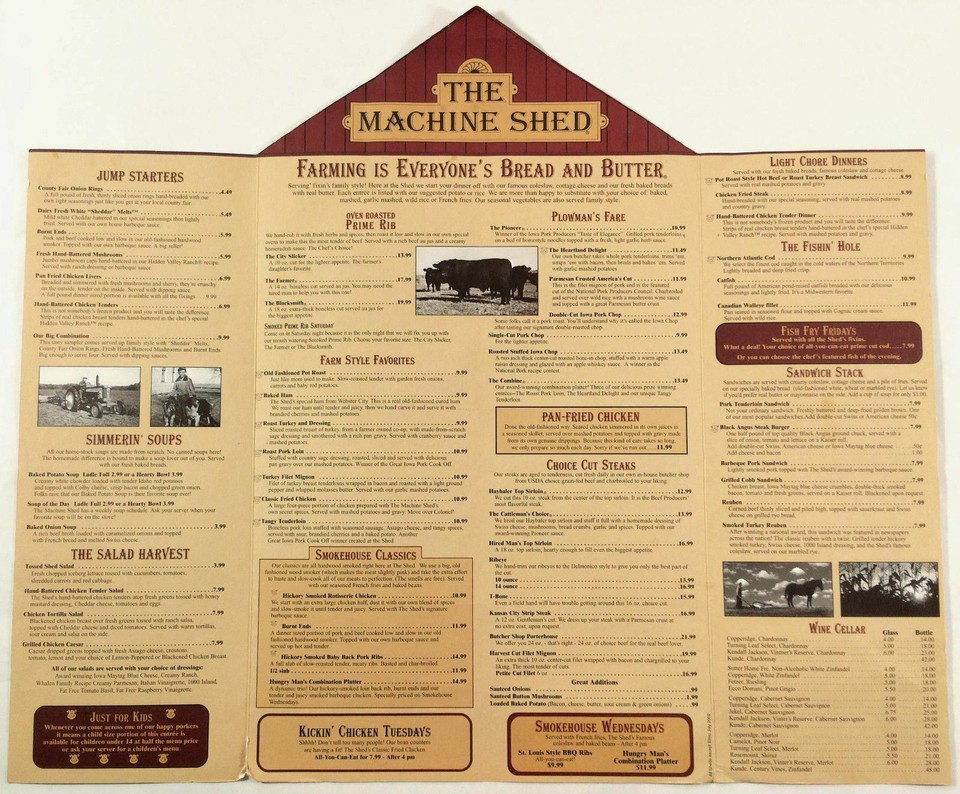 2002 Vintage HUGE Menu THE MACHINE SHED Farming Restaurant Iowa | eBay