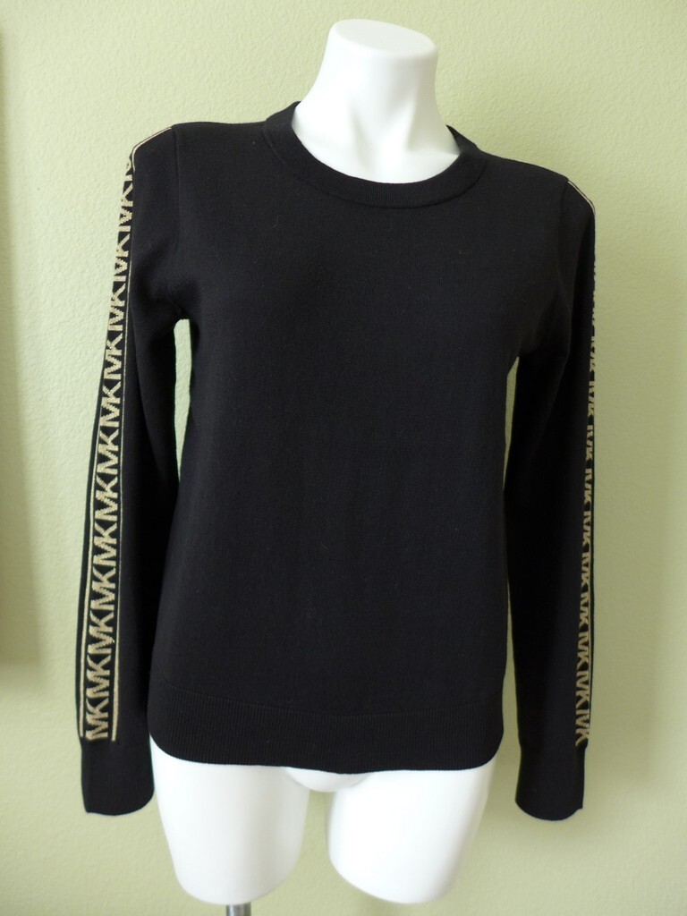 NWT Michael Kors Gold Metallic MK Logo Detail Sweater Crew Neck M Black ...