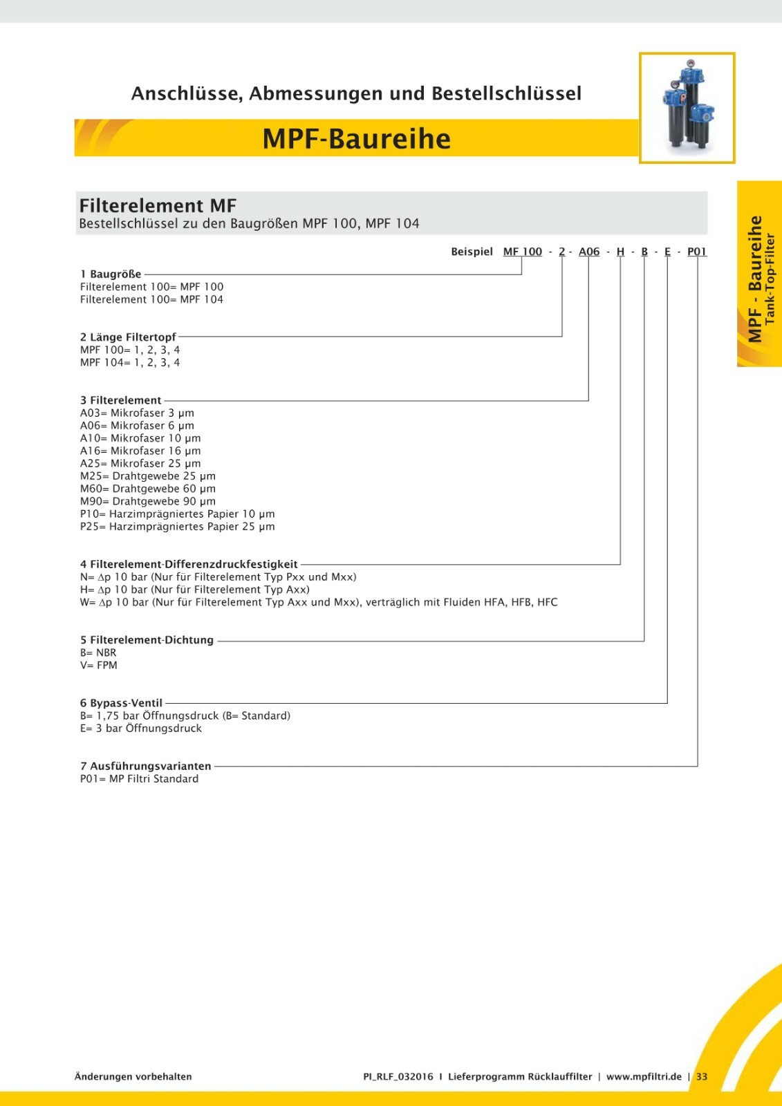 MPF-100-2-A-G3-P25-N-B-P01 MP Filtri Rücklauffilter Tankeinbau return ...