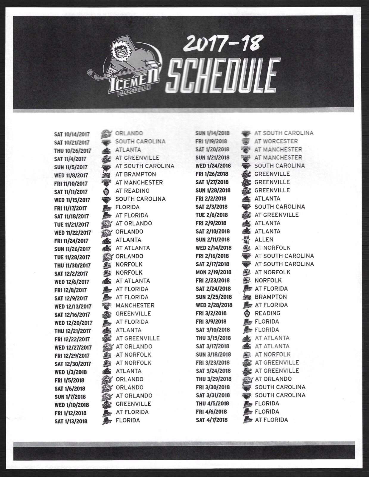 RARE VERSION 2017-18 Jacksonville Icemen ECHL SHEET Hockey Schedule ...