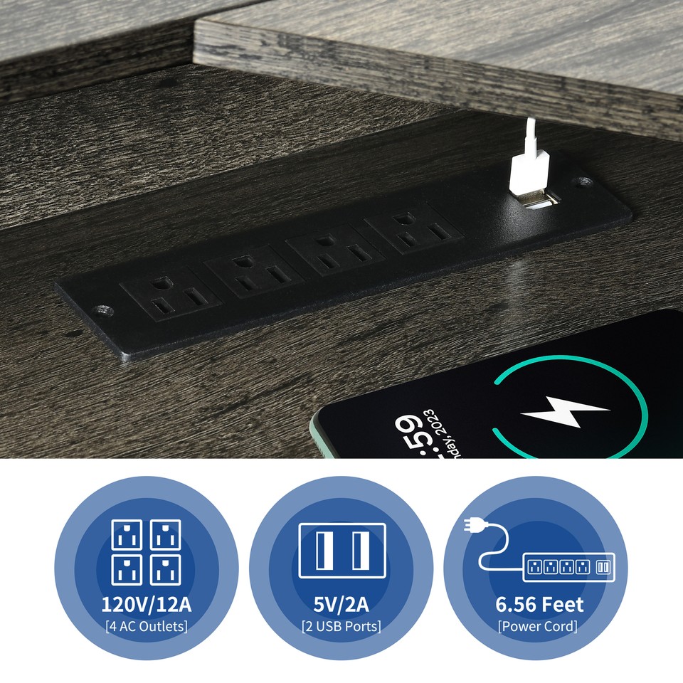 60" Lift Top L Shaped Desk with Power Outlets & LED Lights Corner ...