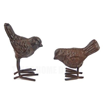 Set of 2 Small Bird Figurines Statues Rustic Cast Iron Garden Yard Home ...