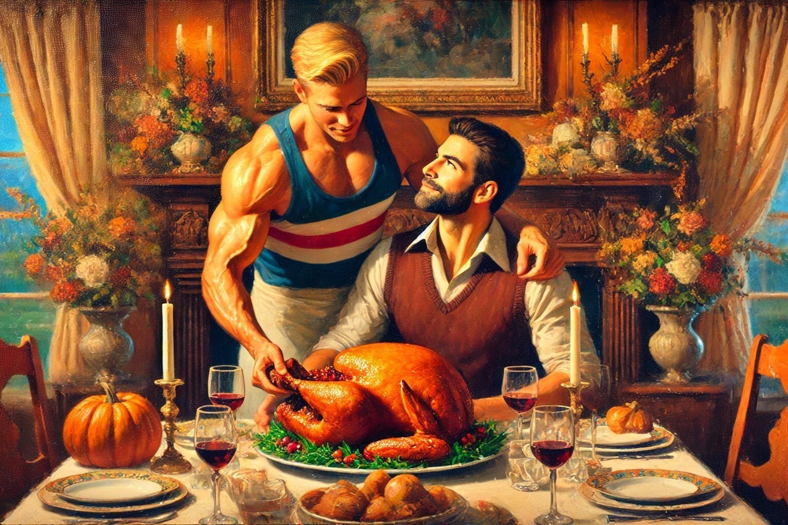 Original gay LGBTQ art giclée painting "Our First Thanksgiving 1 ...