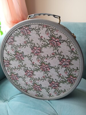 Vintage Round 14.5" Glam Suitcase Gray w Roses & Pink Interior Luggage ...