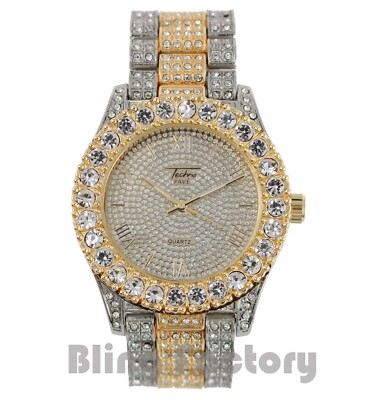 Men's Hip Hop Iced Two Tone Rapper Bling Lab Diamond Metal Band Wrist ...