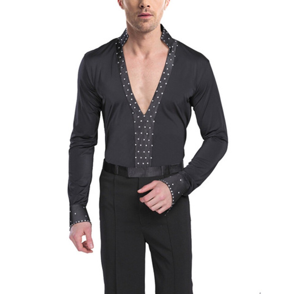Mens Tango Latin Salsa Dance Shirt V-Neck Top Practice Dancewear ...