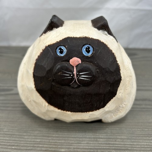 Vtg SIGNED James Haddon Hand Carved Painted Siamese Cat Blue Eye Folk ...
