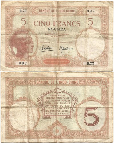 1926 FRENCH "New Caledonia" NOUMEA Cinq or "5 FRANCS" Note OVERSIZE ...