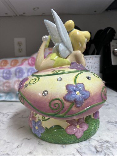 DISNEY TINKER BELL ON A MAGIC MUSHROOM WITH JEWELS & FLOWERS COOKIE JAR ...