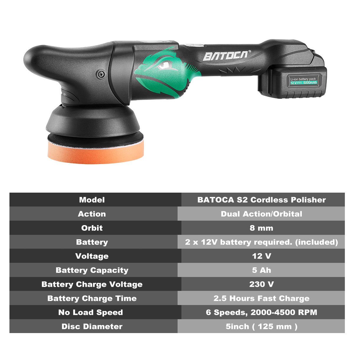 BATOCA S2 Cordless Car Polisher Buffer Machine Battery Dual Action 5 ...