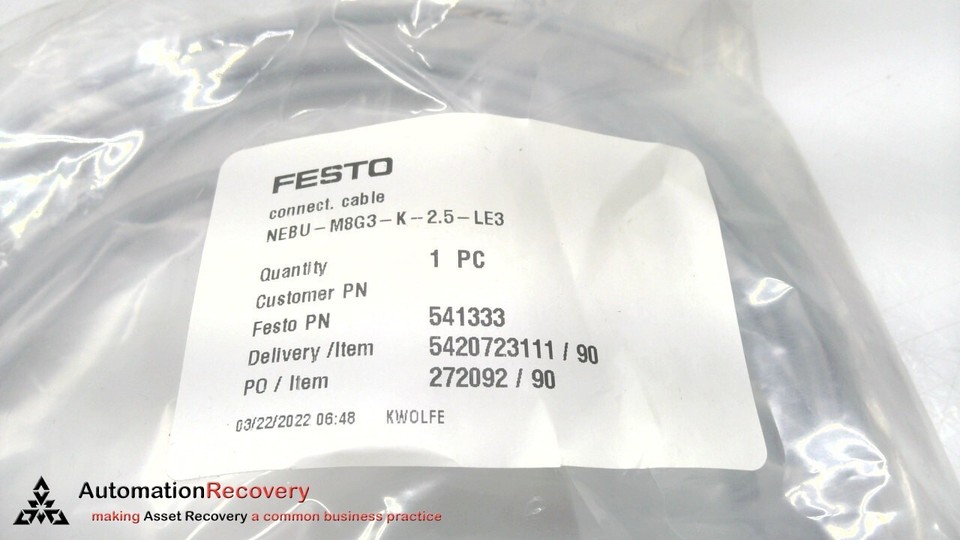 FESTO NEBU-M8G3-K-2.5-LE3, CONNECTION CABLE ASSEMBLY, 541333, NEW ...