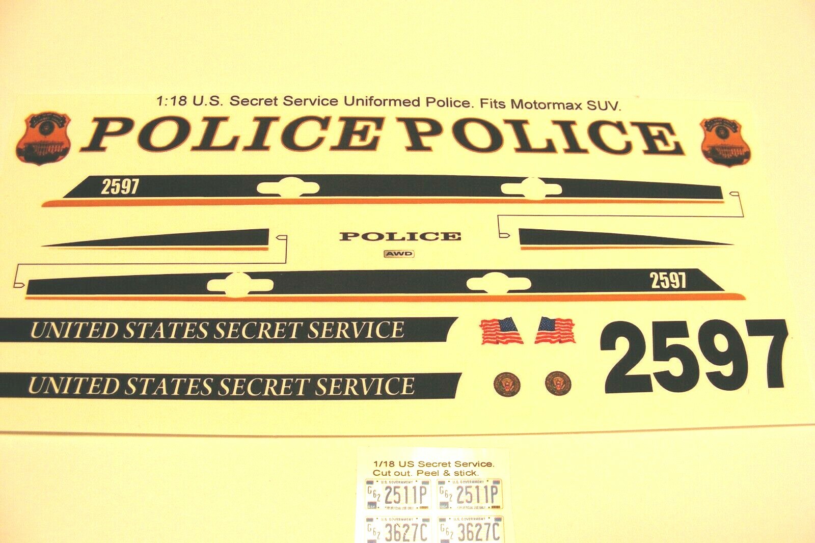 US Secret Service Police 1/18 Water Slide Decal Set Fits Motormax ...