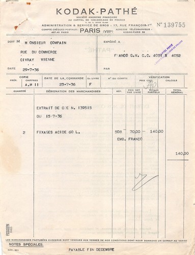 1936 KODAK-PATHE INVOICE IN PARIS 8E - M.COMPAIN IN CIVRAY VIENNE | eBay