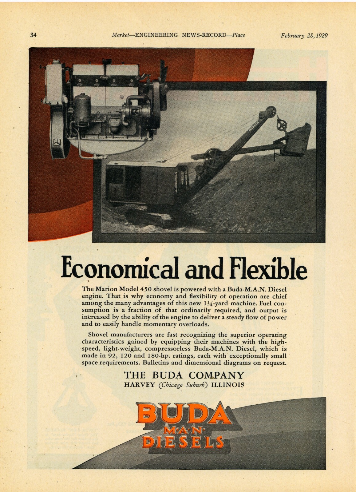 1929 Buda MAN Diesel Engines Ad: Marion Model 450 Shovel Pic - Harvey ...