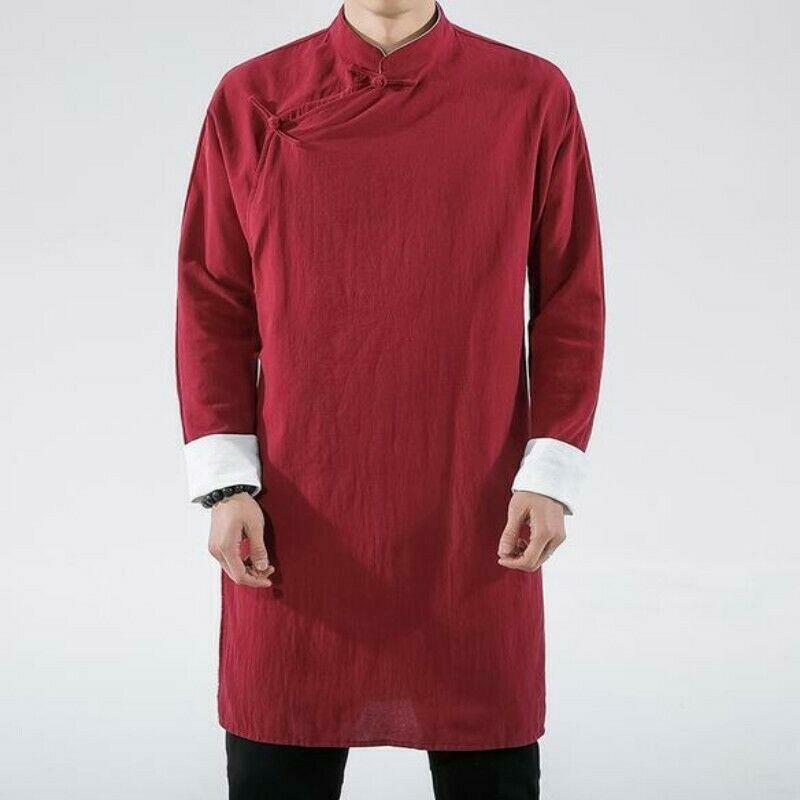 Mens Cotton Linen Chinese Retro Solid Loose Long Gown Jackets Hanfu ...