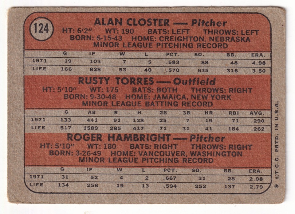 1972 Topps Baseball #124 Rusty Torres RC Rookie Stars New York Yankees ...