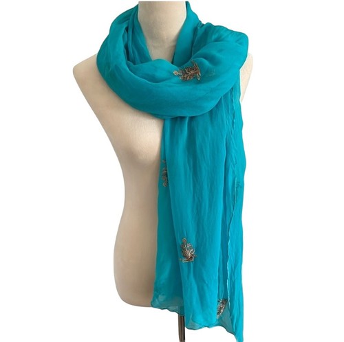 Teal blue sheer scarf with tan embroidery detail - Gem