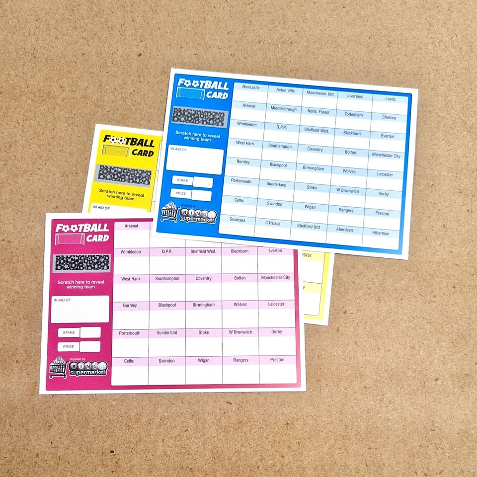 FOOTBALL SCRATCH CARDS 20 30 40 50 and 80 Team Fundraising A5 Card ...