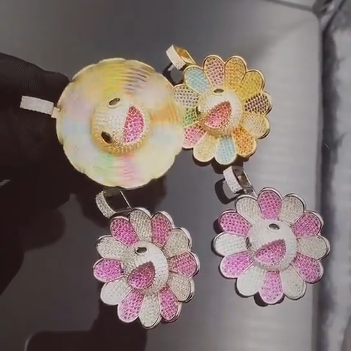 Ins Rotable Sun Flower Hip Hop Pendant Necklace AAA+ CZ 18K Gold Silver ...