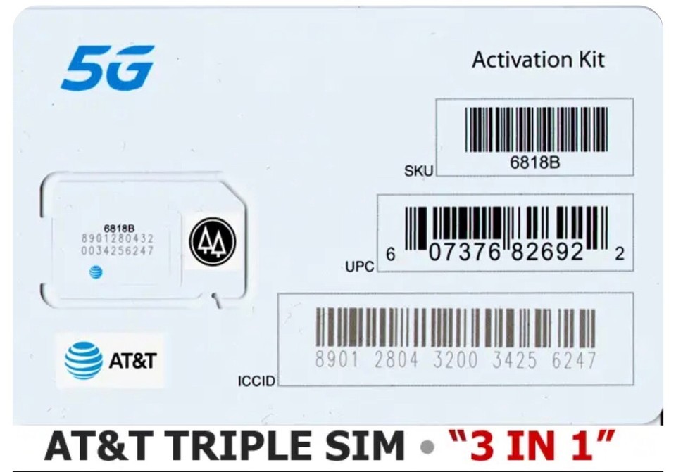 NEW AT&T 5G TRIPLE SIM CARD "3IN1" NANO 4FF 4G 5G LTE GSM • READY TO ...