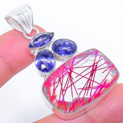 Pink Rutile Quartz, Tanzanite 925 Sterling Silver Jewelry Pendant 2.2 ...