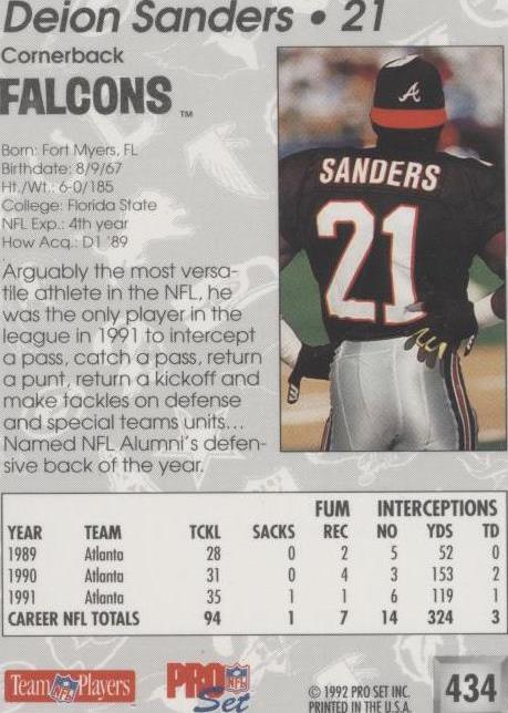 1992 Pro Set Deion Sanders #434 for sale | eBay