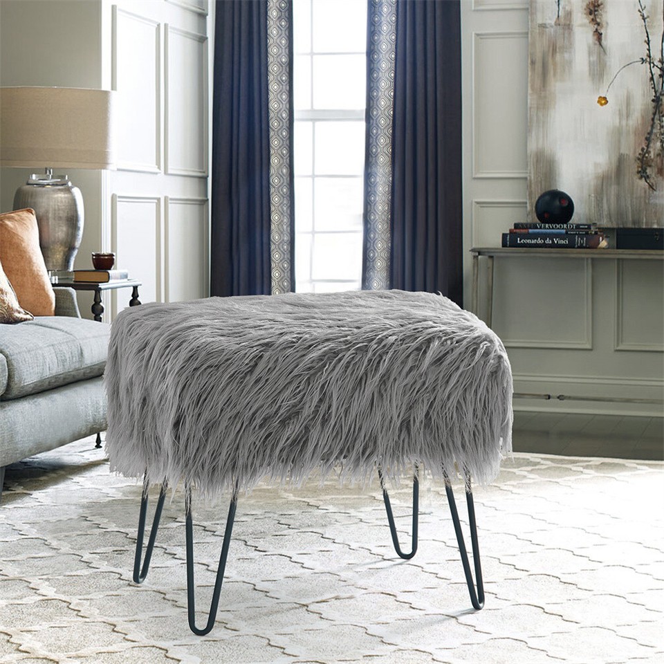 Fluffy Mongolian Faux Fur Ottoman Bench for Modern Living Room Home ...