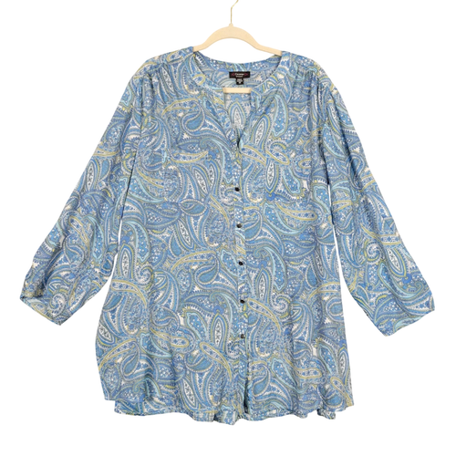 COCOMO Blue Paisley Artsy 3/4 Sleeve Button Up Tunic Top Psychedelic ...
