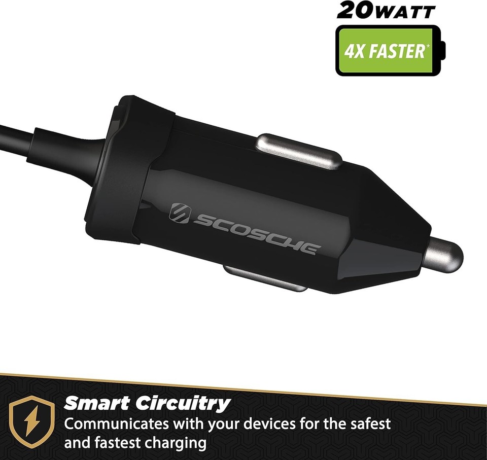 Scosche PowerVolt 20-Watt Fast PD Car Charger Attached 3-Foot Coiled ...
