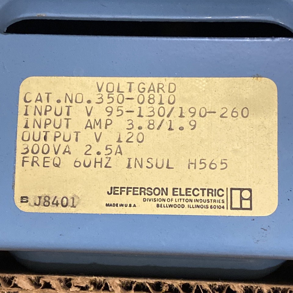 Jefferson Electric 350-0810 Voltgard Transformer 300VA 120V 60hz 2.5a ...