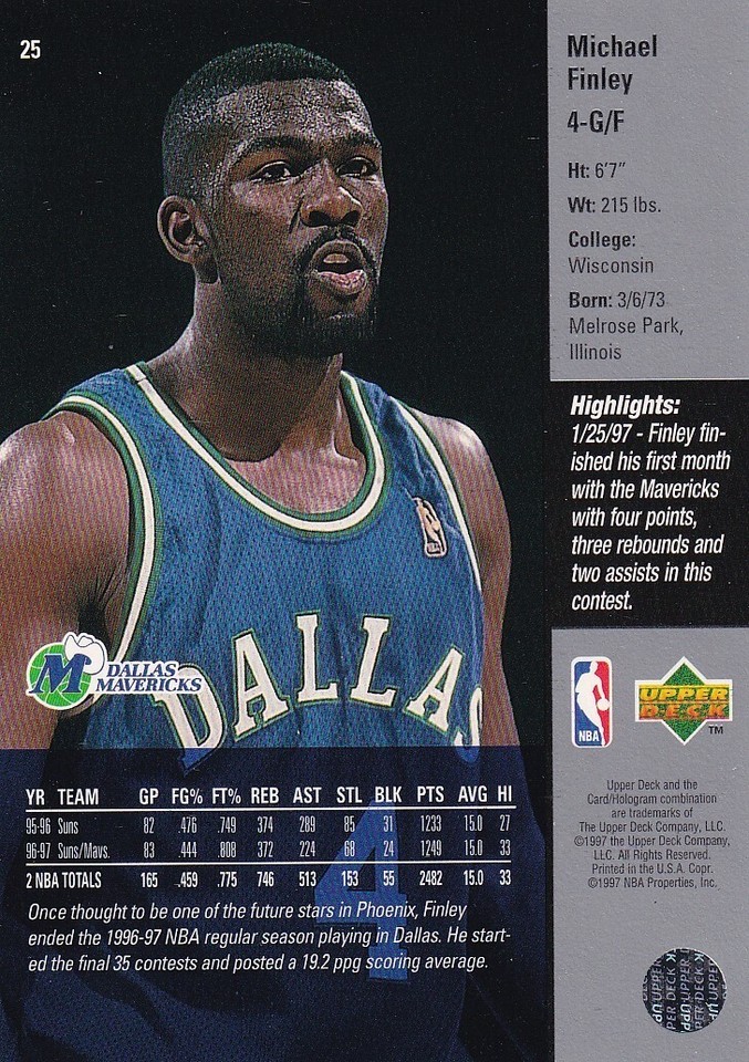 MICHAEL FINLEY Dallas Mavericks 1997-98 Upper Deck #25 | eBay