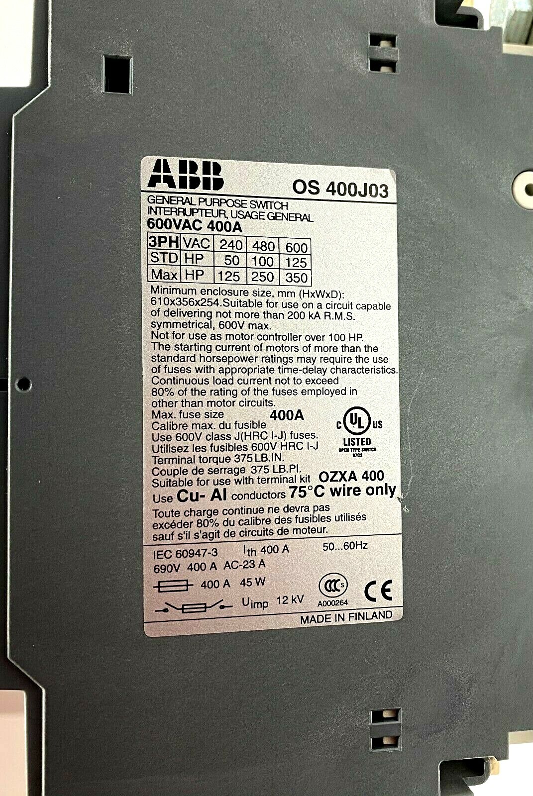 ABB OS400J03 Fusible Disconnect Switch 600VAC 400A w/ (3) LPJ-250SP ...