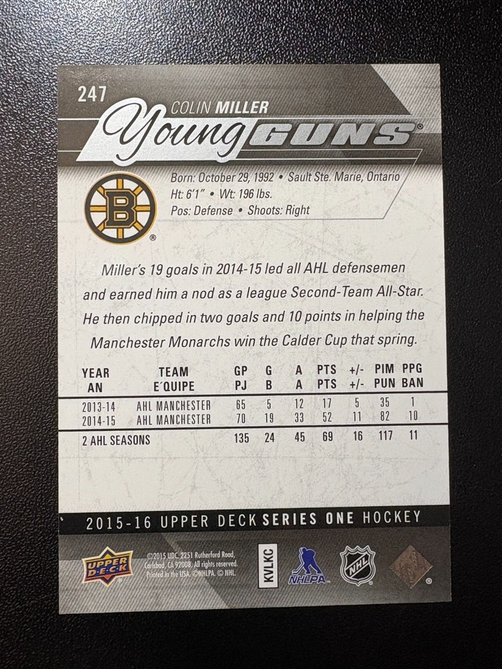 2015-16 Upper Deck Colin Miller Boston Bruins Silver Foil Young Guns RC ...