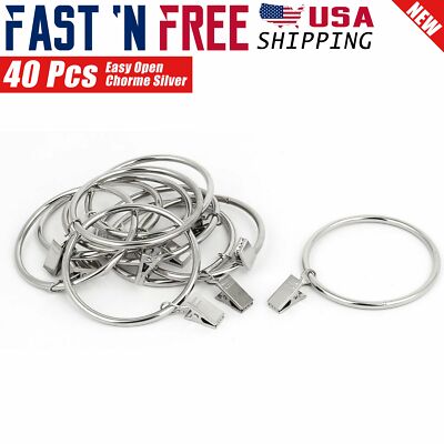 40 Pcs 1.5" inch Openable Metal Curtain Rings with Clips Chrome Silver ...