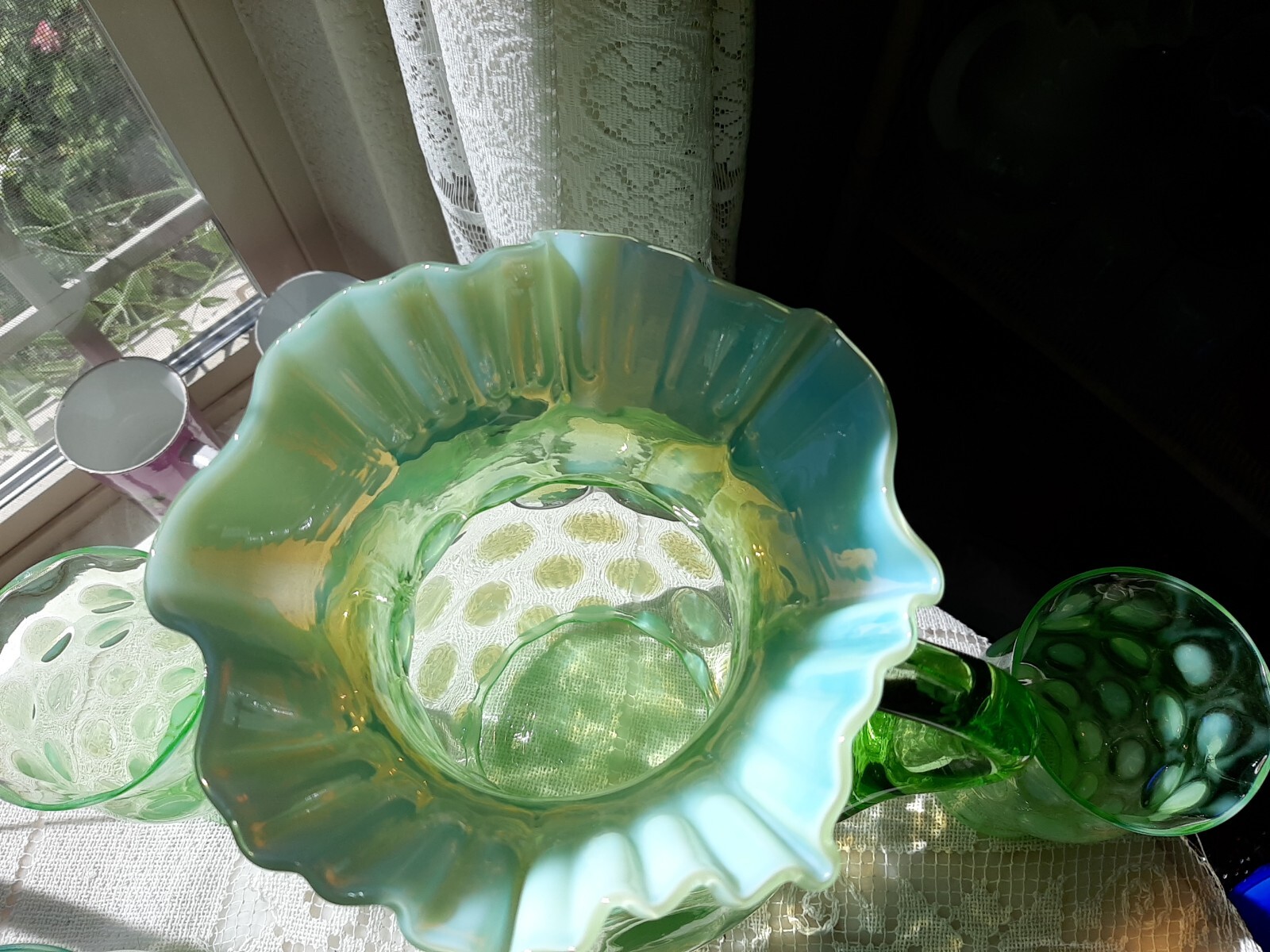 Antique Fenton Lime Coin Dot Opalescent Pitcher Set! STUNNING!! MINT ...