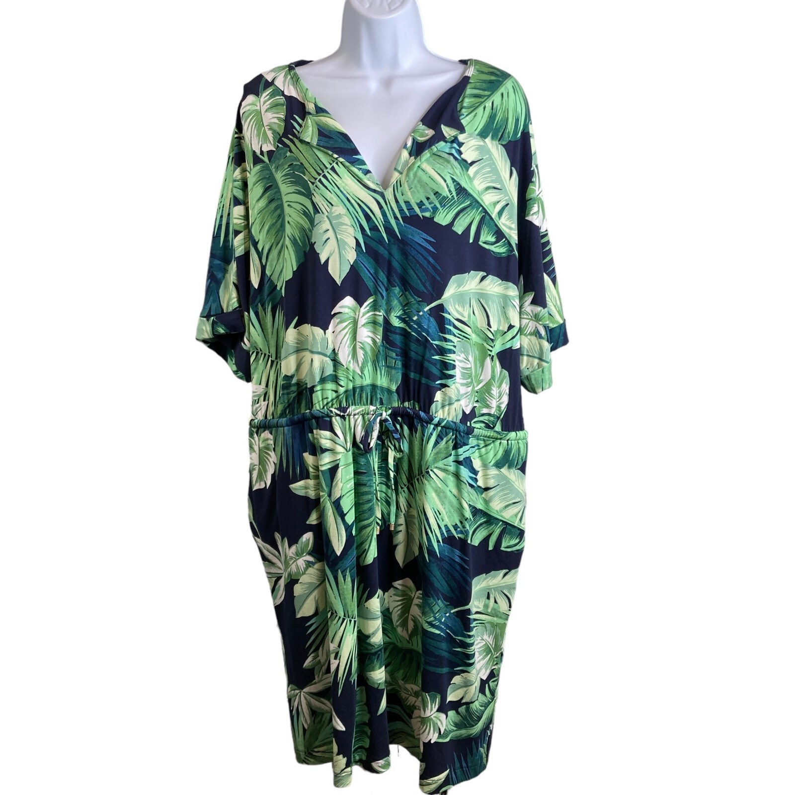 Chicos Tie Waist Tropical Palm Tree Print Knee Length Dress Sz 3 Sz XL ...
