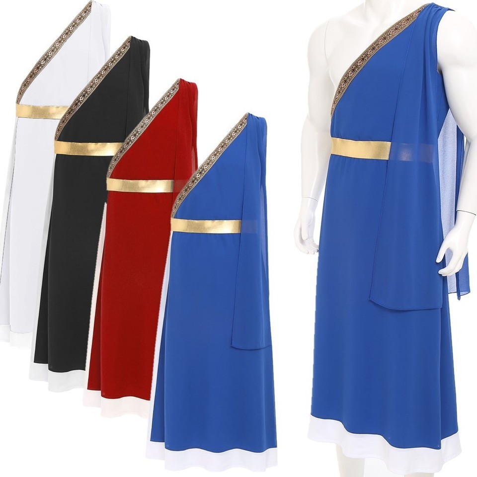 Men Robe Metallic Costume Roman Tunic Solider God Sexy One Shoulder ...