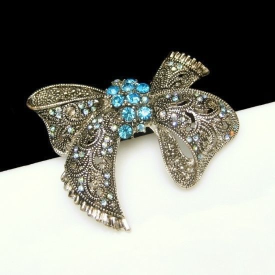 Vintage Large Blue AB Rhinestone Bow Brooch Pin Filigree Detailed ...