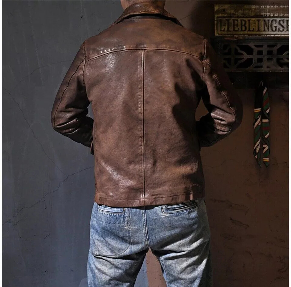 Mens Vintage Waxed Brown Motorcycle Jacket Casual Biker Leather Jacket ...