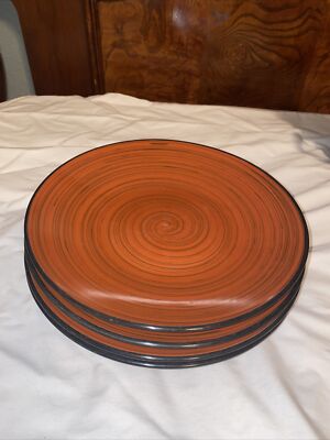 THOMSON Pottery Salad Plates 8 3/8” Set of 4 Orange & Black Swirl EXC ...