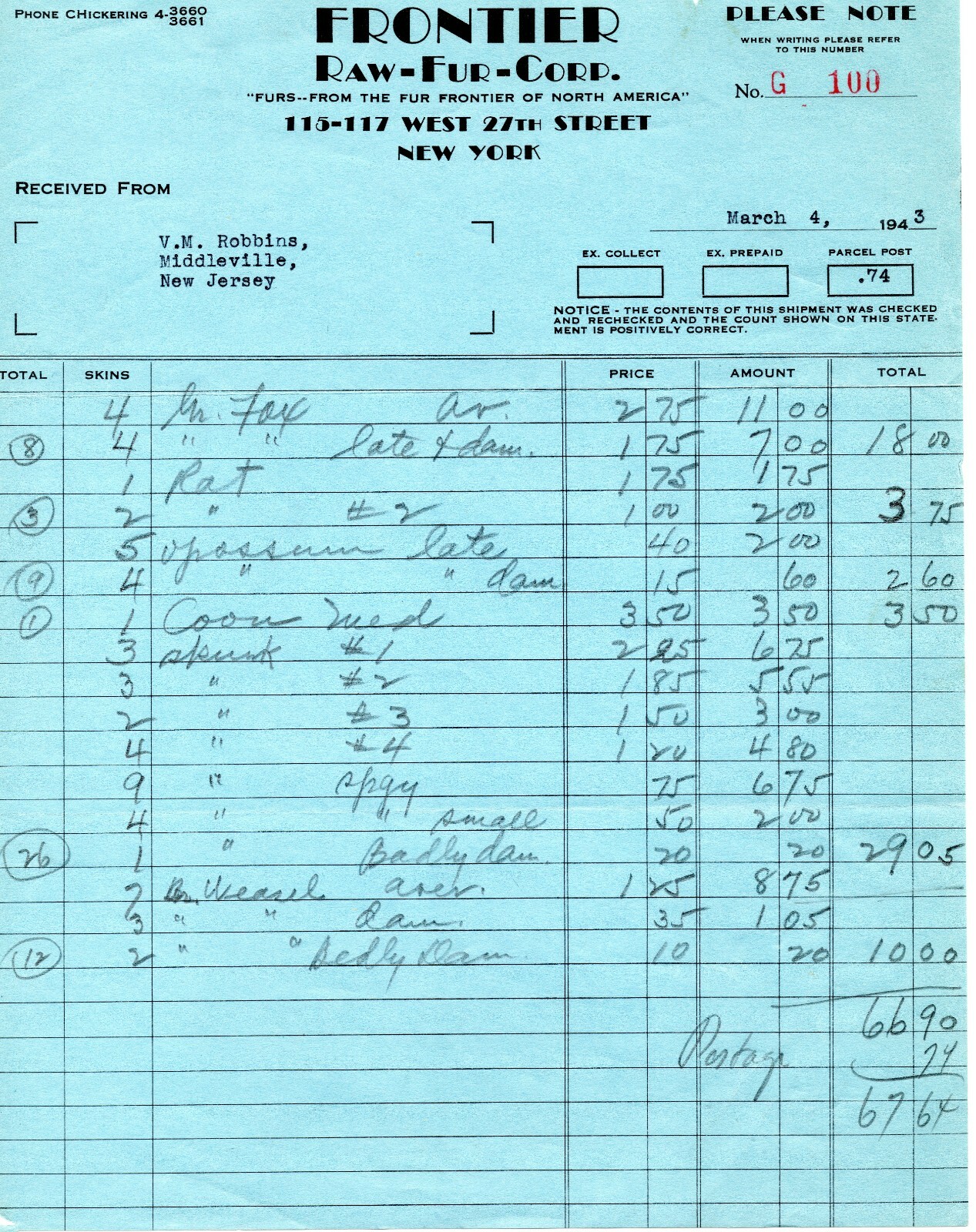 March 4, 1943 Frontier Raw-Fur- Corp. original paper invoice | eBay